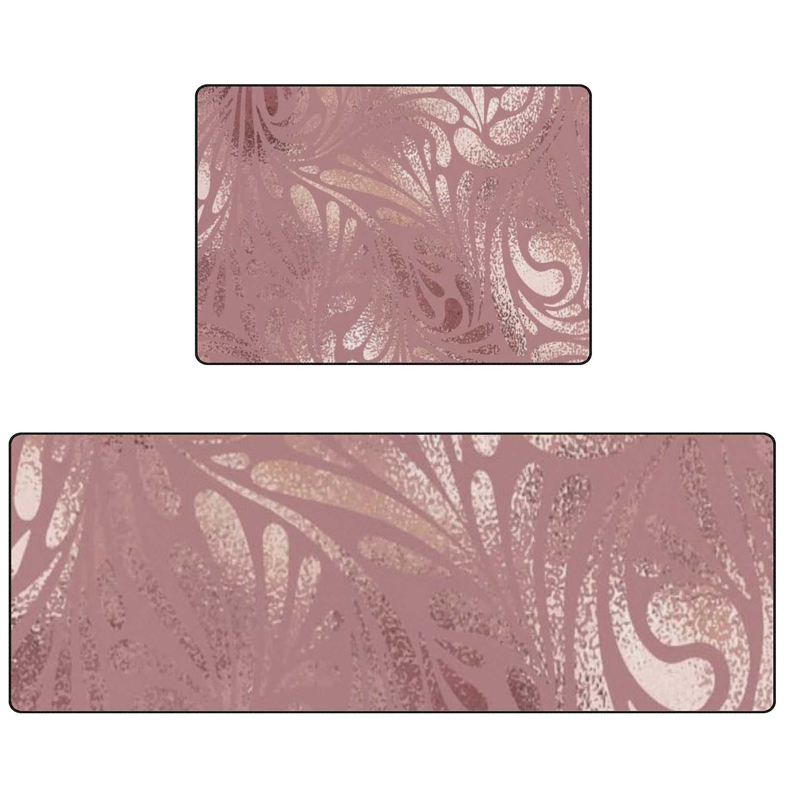 ZKLZI Kitchen Rugs Kitchen Mats for Floor 2 Pieces Rose Gold Pink Kitchen Mat Set Non Slip Soft Absorbent Coral Velvet Washable Kitchen Rug Set 17.7×29.1Inch + 17.7×58.2Inch
