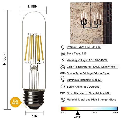 YFXRLIGHT Dimmable 6W Edison Led Tubular Bulb T10, Daylight White 4000K, Vintage Led Filament Light Bulb, E26 Medium Base, 60 Watt Bulb Equivalent, 600LM,Clear Glass Cover, Pack of 6