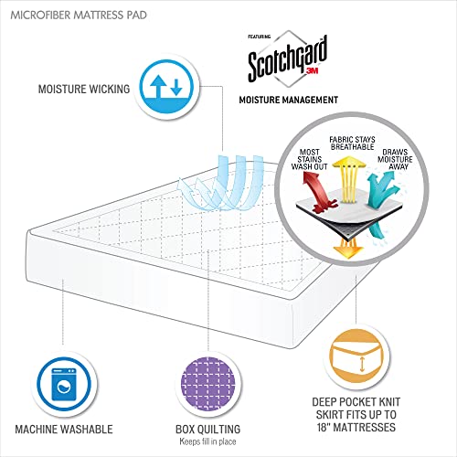Sleep Philosophy 3M Protector Topper Moister Wicking Hypoallergenic Stain Resistant Bed Cover with Deep Pocket Mattress Pad, King, Highline White