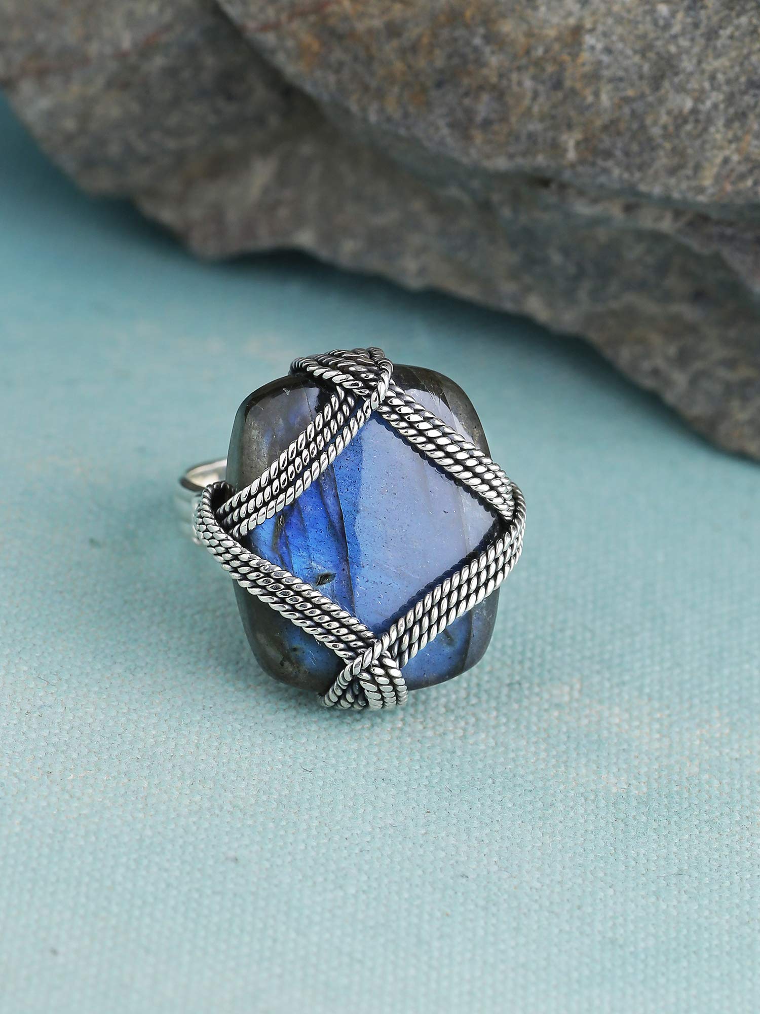 YoTreasure Natural Labradorite Solid 925 Sterling Silver Twisted Wire Wrap Antique Ring