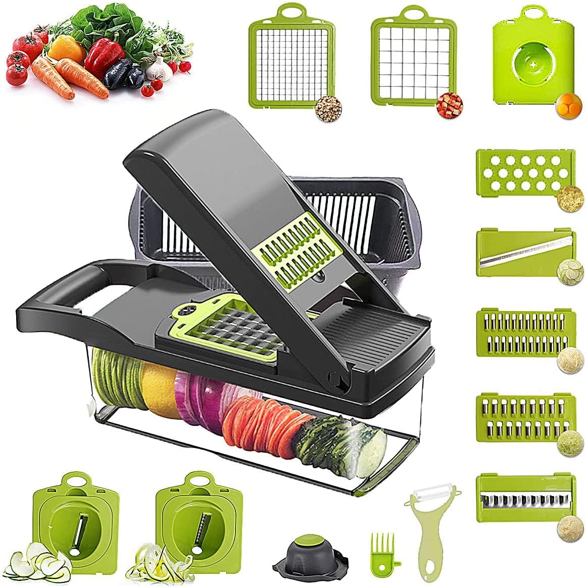 Vegetable Chopper Onion Chopper Dicer 15 in 1 Professional Mandoline Slicer for Kitchen, Multifunctional Food Chopper Cutter for Cucumber, Potato, Tomato, Veggie with 11 blades and Filter Basket