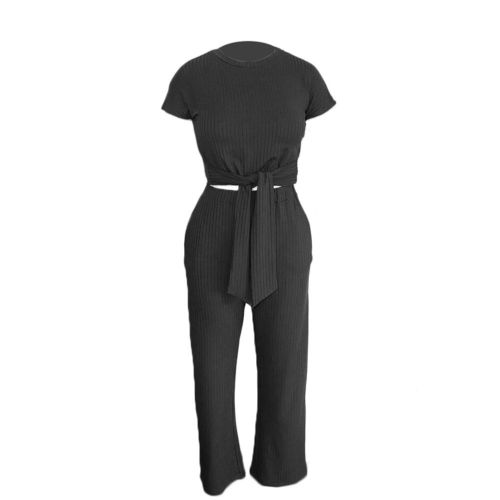 Women's 2 Piece Outfits Short Sleeve Crop Top High Waist Wide Leg Pants Set Sweater Jumpsuits Black S