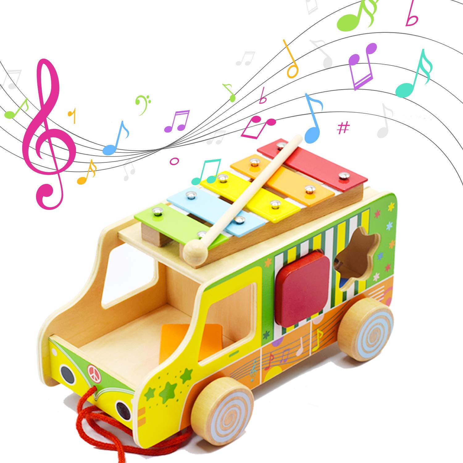 Wooden Shape Sorter - Shape Sorter for 1 Year Old Boys & Girls - Learning Educational Baby Shape Sorter Bus - Push & Pull Toy with Xylophone for 1 Year Old