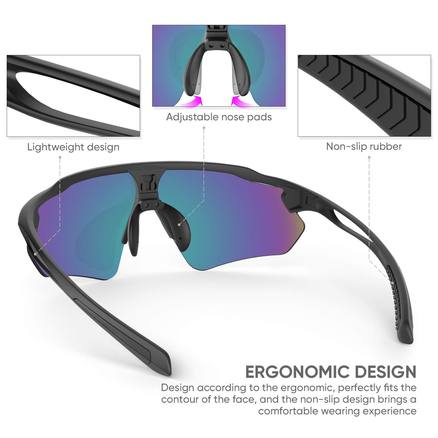 Snowledge Cycling Glasses with 5 Interchangeable Lenses, Mens Womens Polarized Sports Sunglasses, Running Baseball Cricket Sunglasses