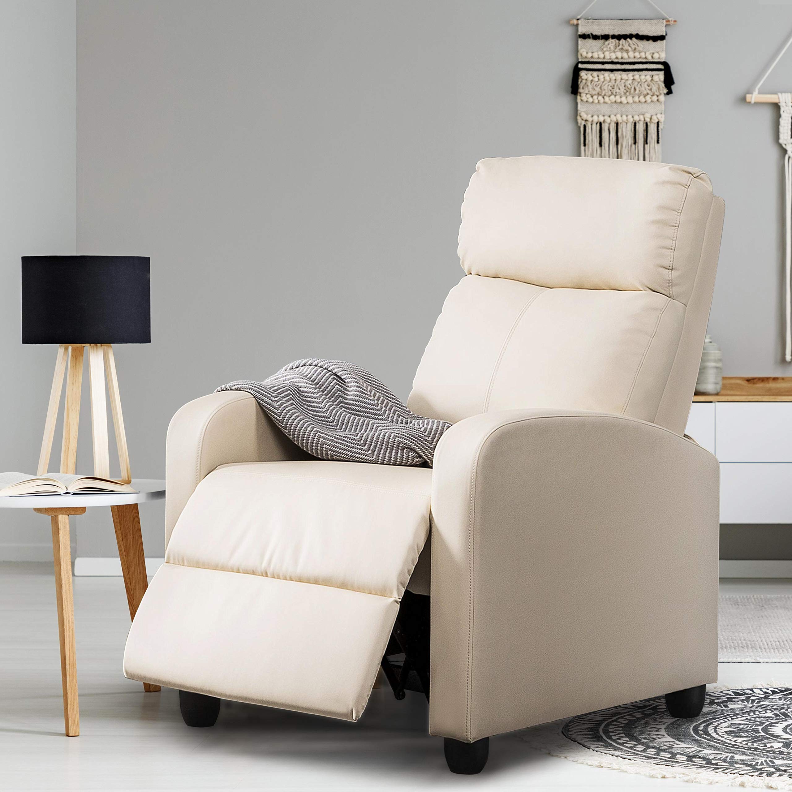 Topeakmart Single Recliner Chair Padded Seat PU Leather Recreation Room Sofa Reclin Home Theater Chair (Beige)