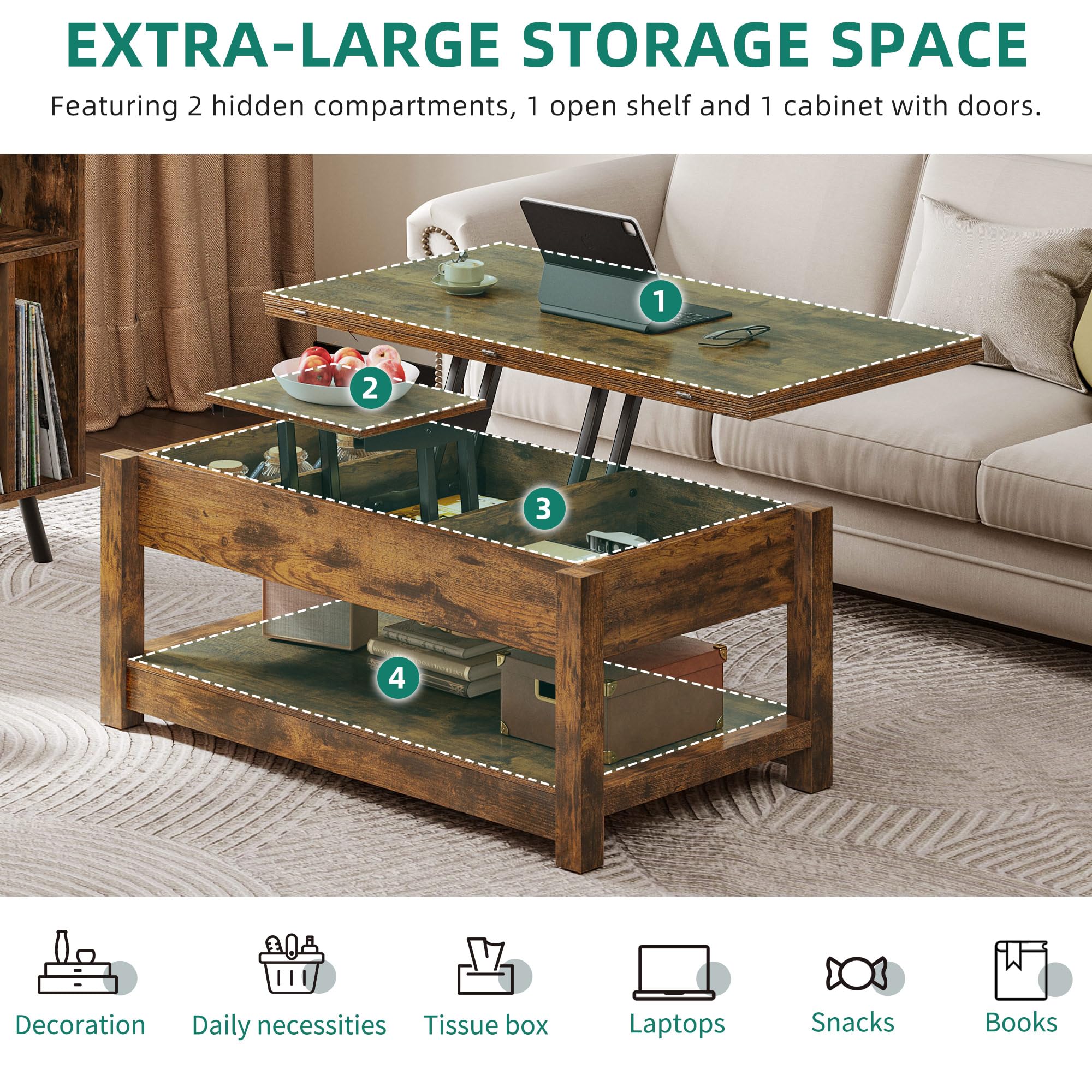YITAHOME Lift Top Coffee Table, 3 in 1 Multi-Function Coffee Tables with Storage for Living Room, Farmhouse Modern Dining Table for Small Reception Room/Home Office,Rustic Brown