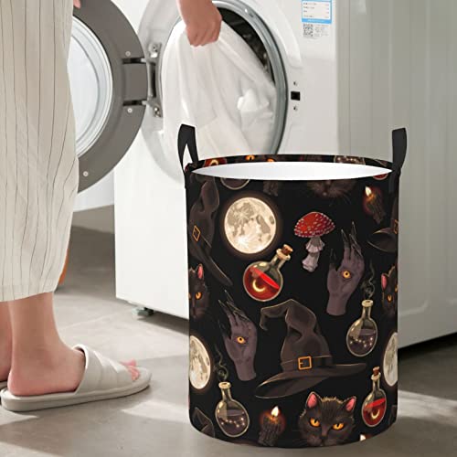 Witch Hats And Moon Mushroom Witchcraft Laundry Hamper With Handle Foldable Durable Laundry Basket Storage Bin Dirty Clothes Organizer Bag For Bedroom Bathroom Nursery