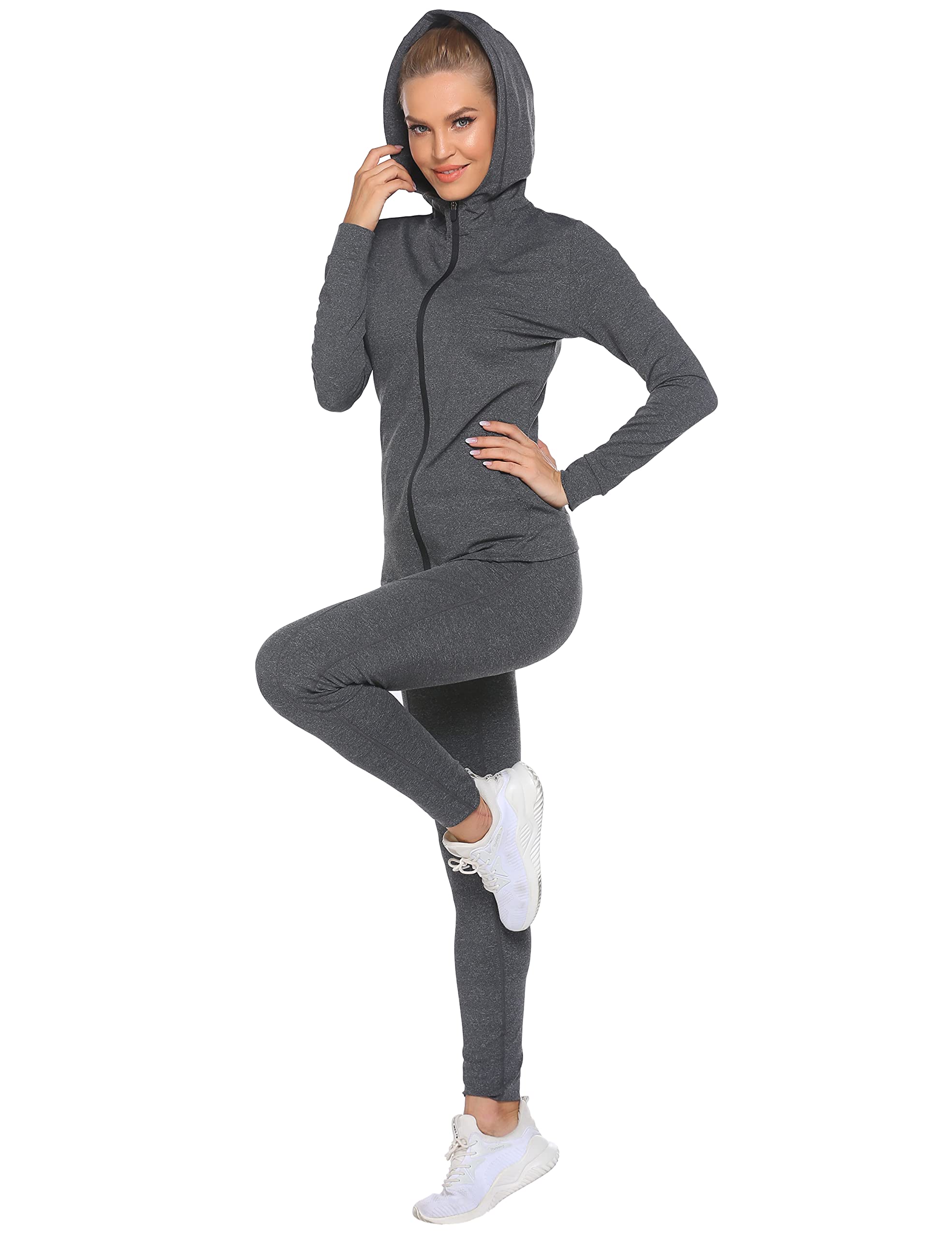 Women's Activewear Sets 2 Piece Workout Outfits Hooded Long Sleeve Athletic Set Plus Size Gym Sets for Women Grey XXL