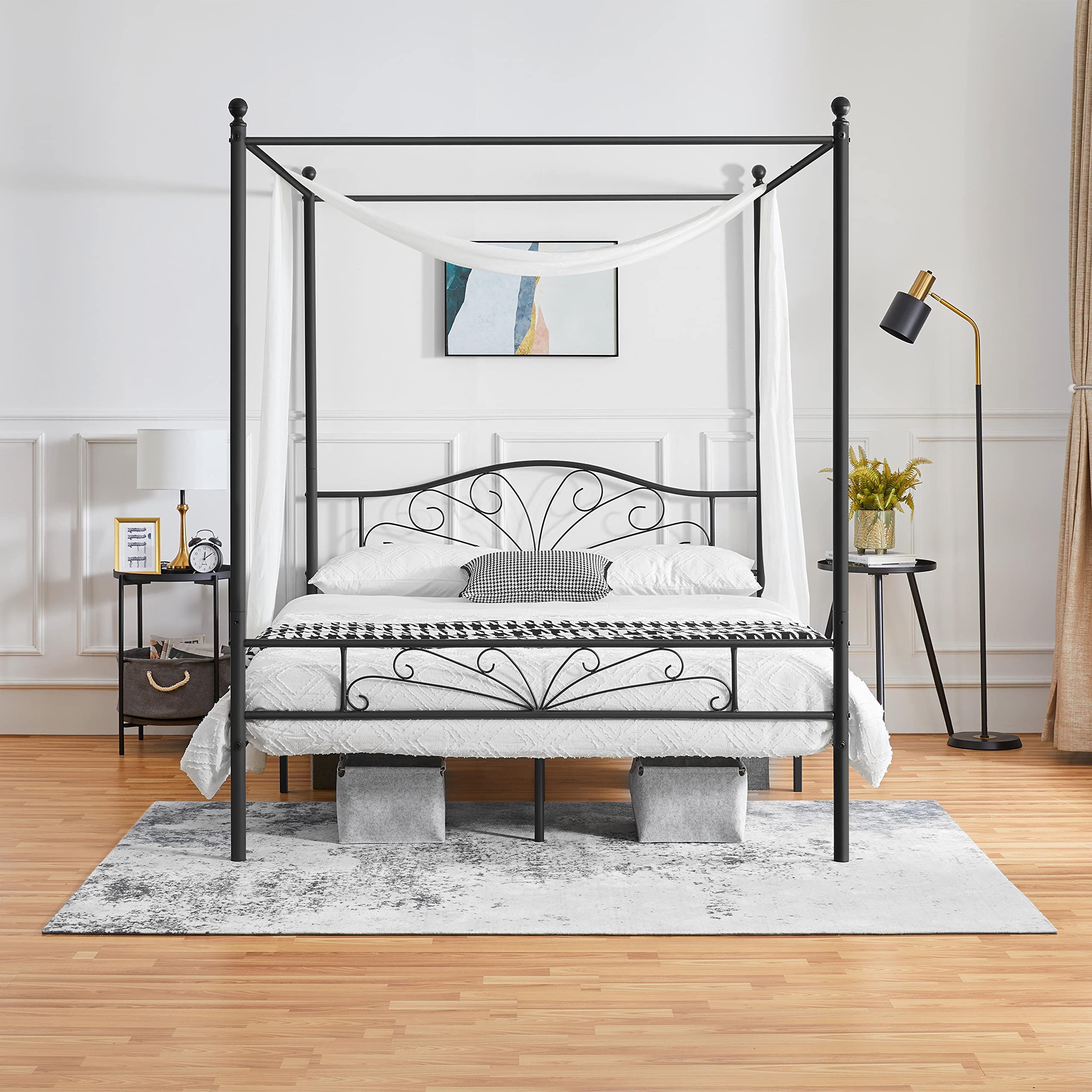 Yaheetech Queen Canopy Bed Frames Graceful Scroll Metal Canopy Bed/Four-Poster Canopied Platform Bed with Arched Headboard/Solid Slats/Underbed Storage Space/No Box Sring Needed/Ball Finals, White