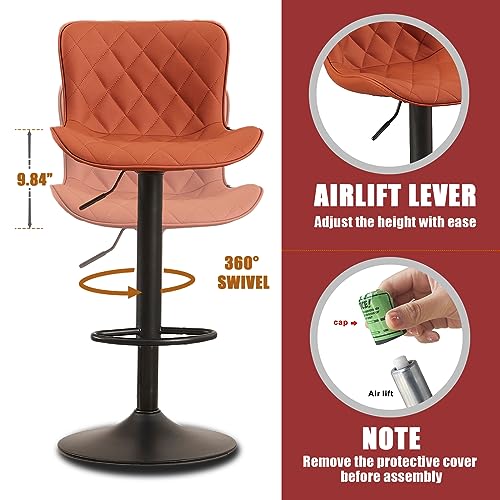 YOUNUOKE Bar Stools Set of 2 with Back Modern Faux Leather Swivel Counter Height Barstools Adjustable Tall Bar Stool Chairs for Kitchen Islands, Ochre Red