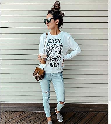 SLEITY Women Easy Tiger Sweatshirt Tiger Face Graphic Casual Fashion Pullover Sweatshirt Tops
