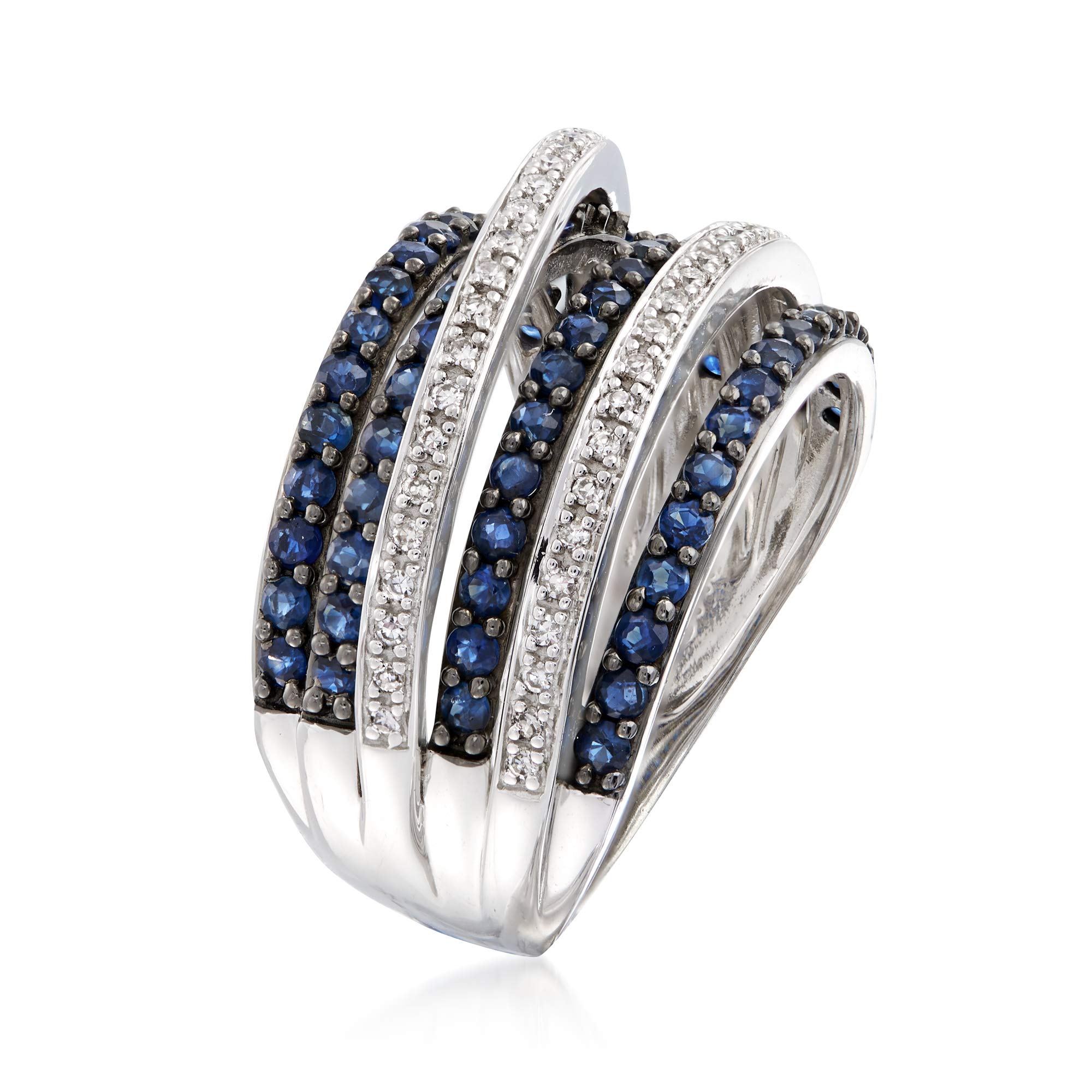 Ross-Simons 1.00 ct. t.w. Sapphire and .15 ct. t.w. Diamond Highway Ring in Sterling Silver. Size 9