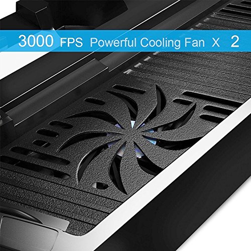 TNP Stand + Controller Charger + Cooling Fan + USB Hub + Game Storage Holder - Vertical Dock Charging Station for DualShock Controller, External Cooler, 4-in-1 Accessories (Black) [Playstation 4]