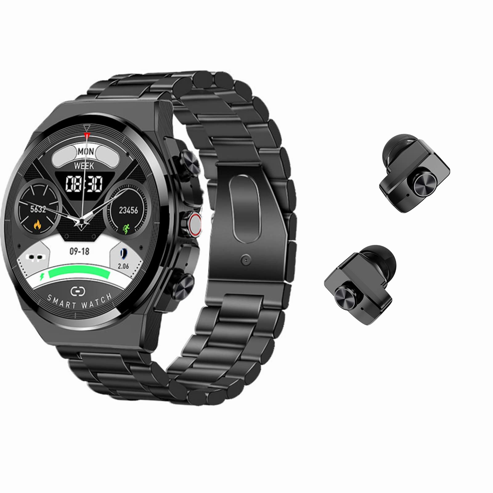 Tuanzi JM08 2 in 1 Smart Watch with Earbuds 1.28" Smartwatch TWS HiFi Stereo Wireless Headset Combo Bluetooth Phone Call for Android iOS (Silver Silicone)