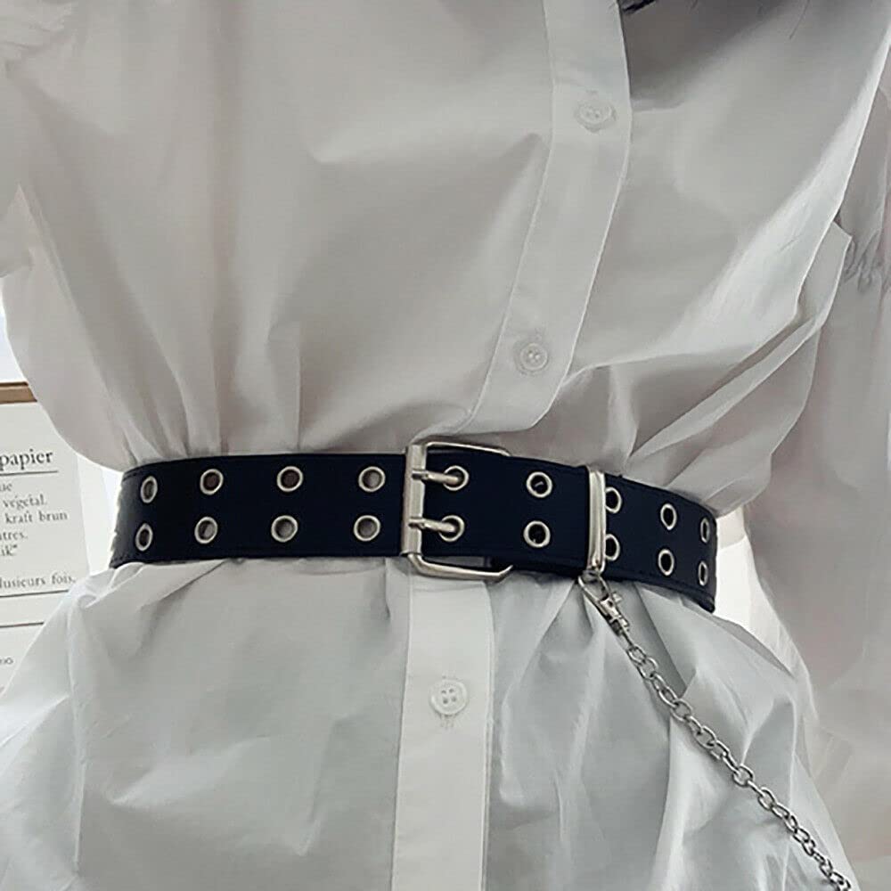 UTOWO Women Grommet-Belt with Chains Waist Belt Punk Style PU Leather (Black1) (free, Black1)