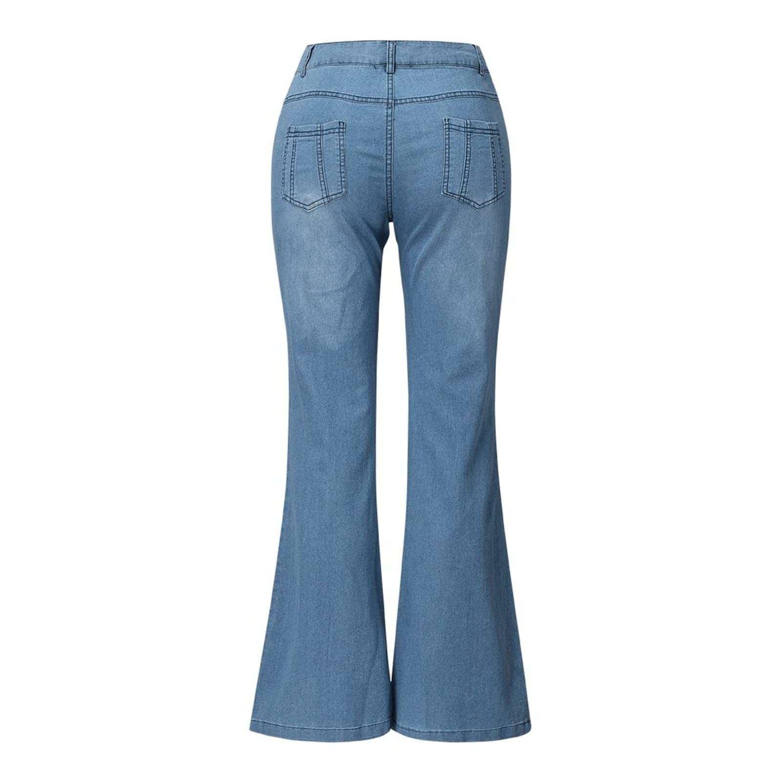 Women's Embroidery Destoryed Flare Jeans Button Waist Bell Bottom Summer Casual Trouser Comfortable Denim Pants(Light Blue,XX-Large)