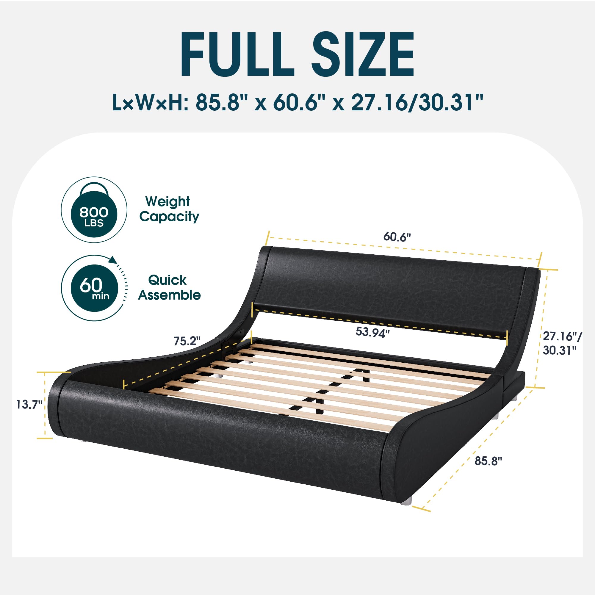 WEEWAY Modern King Size Upholstered Platform Bed Frame, Faux Leather Sleigh Bed with Adjustable Headboard, Strong Wood Slats Support, No Box Spring Needed, Black