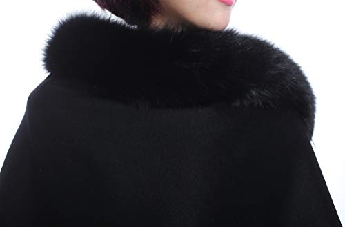 Volare Cashmere Shawl Wrap Cape with Fox Fur Trim (black)