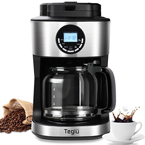 Teglu Coffee Maker with Grinder Built in 12 Cup, Programmable Grind and Brew Coffee Machine All in One with Warming Plate, Automatic Drip Coffee Pot with 60-oz Carafe BPA Free, 950W, Black-2023