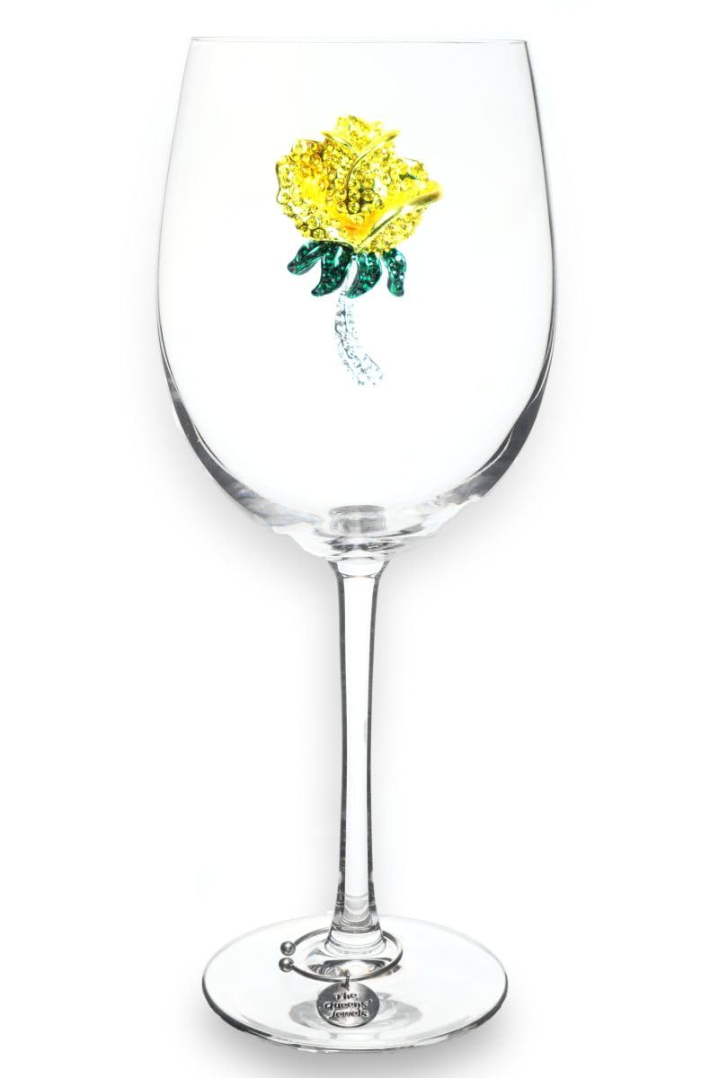 THE QUEENS' JEWELS Yellow Rose Jeweled Stemmed Wine Glass, 21 oz. - Unique Gift for Women, Birthday, Cute, Fun, Not Painted, Decorated, Bling, Bedazzled, Rhinestone