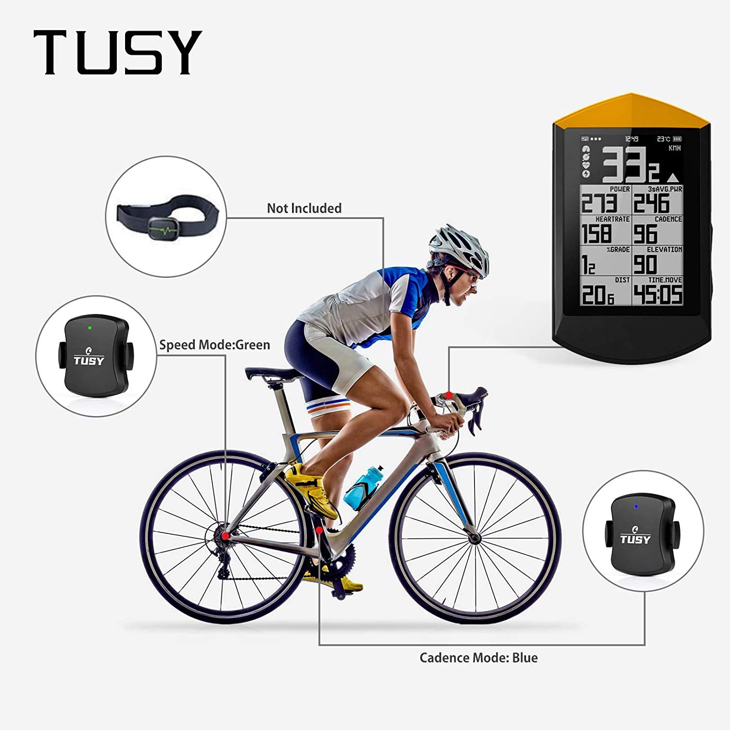 TUSY 2--in--1 Cycling Speed Sensor Cadence Sensor for Spin Bike, Bluetooth/ANT+ Magnetless Waterproof RPM Sensor for Exercise Bike