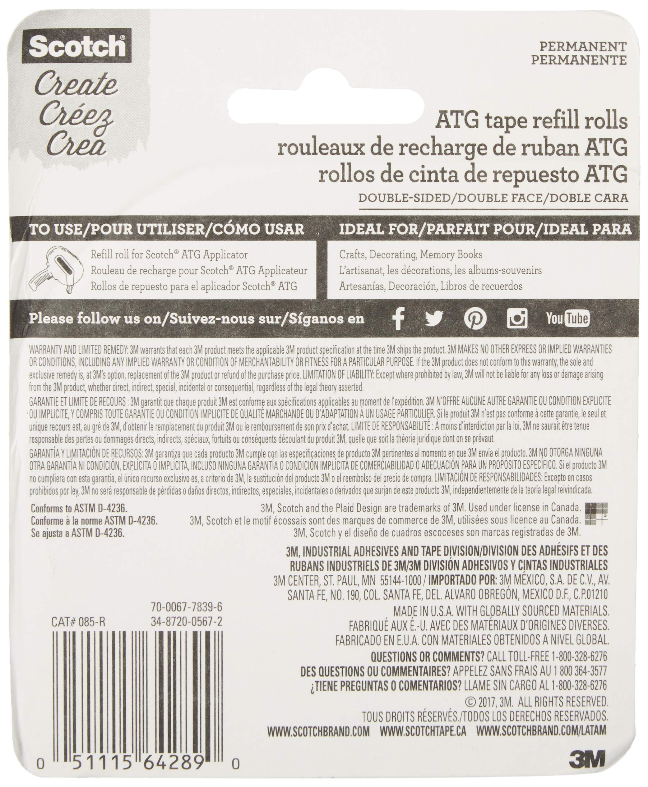 Scotch 085-R ATG Advanced Tape Glider Refill Rolls, 1/4-Inch by 36-Yard, 2-Rolls/Box, 3 Pack