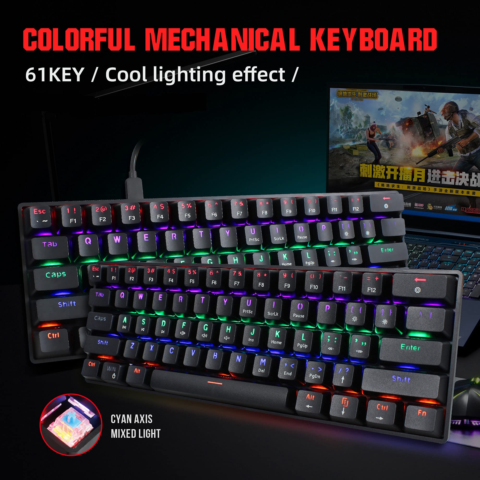 Wired 60% Mechanical Gaming Keyboard Mini Portable with Rainbow Backlit Full Anti-Ghosting 61 Key Ergonomic Double Foot Stand Type-C USB Waterproof for Typist Laptop PC Mac Gamer (Blue Switch),Black