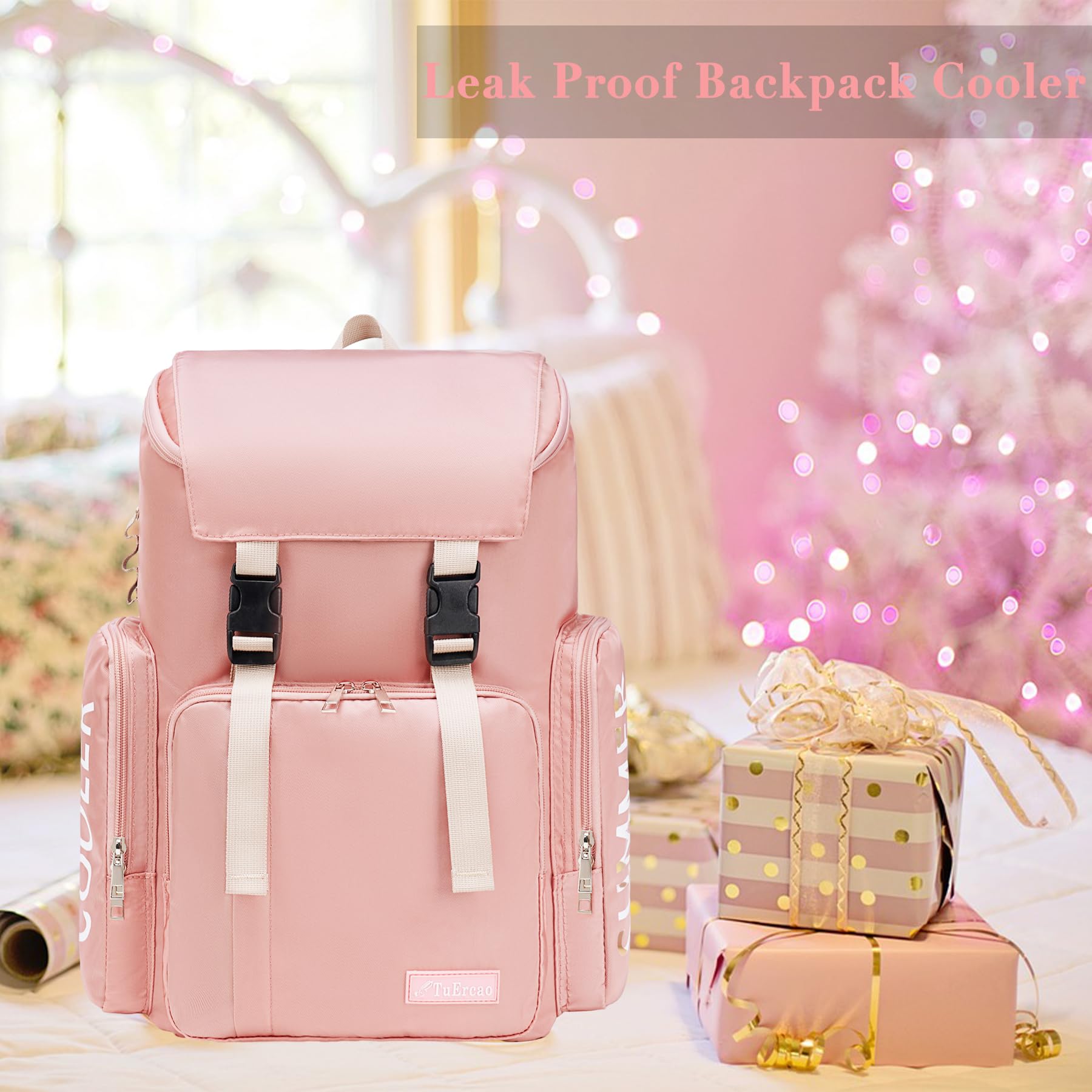 TuErCao Rose Pink Cooler Backpack Insulated Hiking Backpack for Women Men, 32 Liters Capacity, Leakproof and Made, Stylish Design and Idea Gift