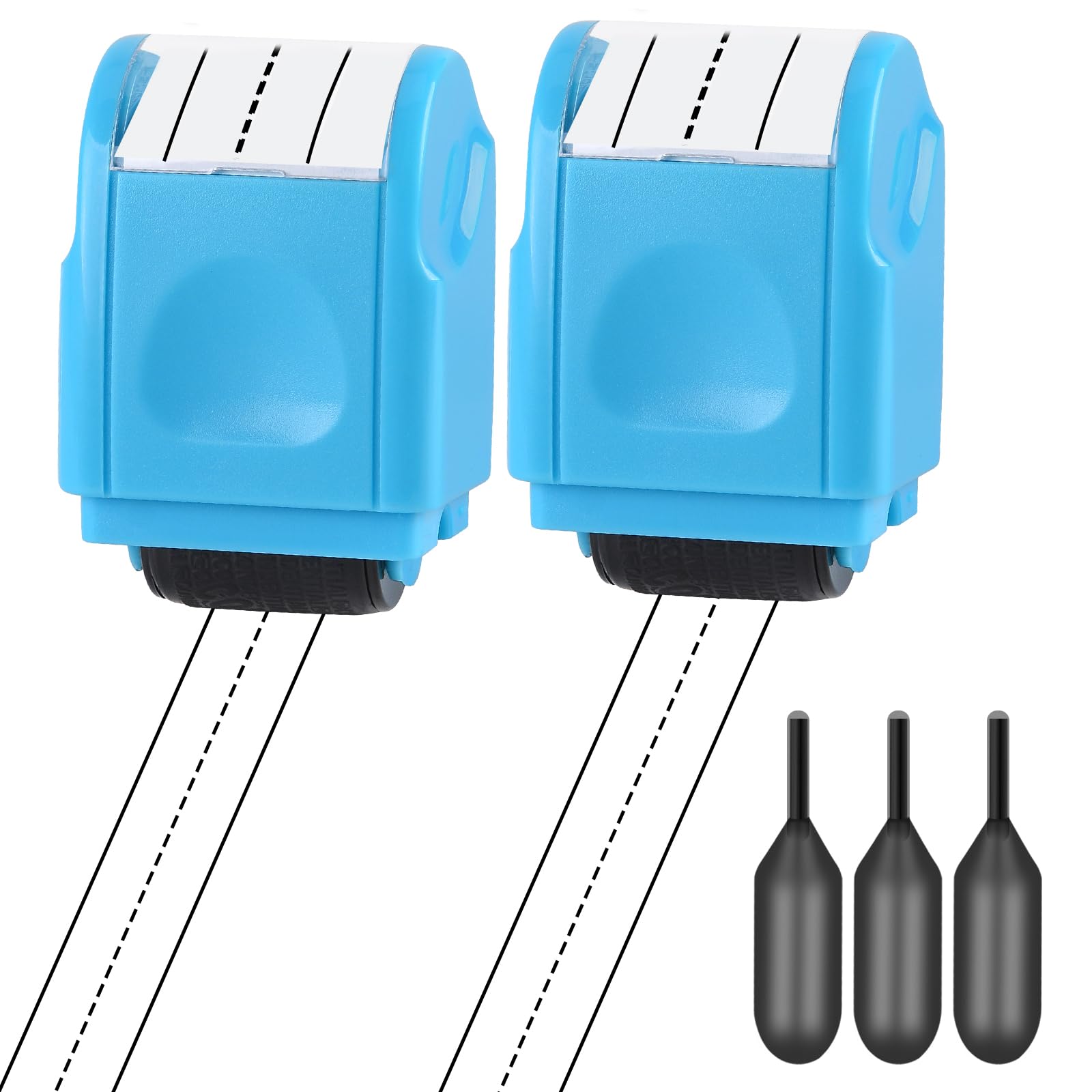 WEIMELTOY 2PCS Dashed Handwriting Lines Roller Stamp, Self-Inking Practice Line Roller Stamp, Kids Kindergarten Teacher Stamps Sentence Strips for Handwriting Practice(Medium Blue and 3 Refills)