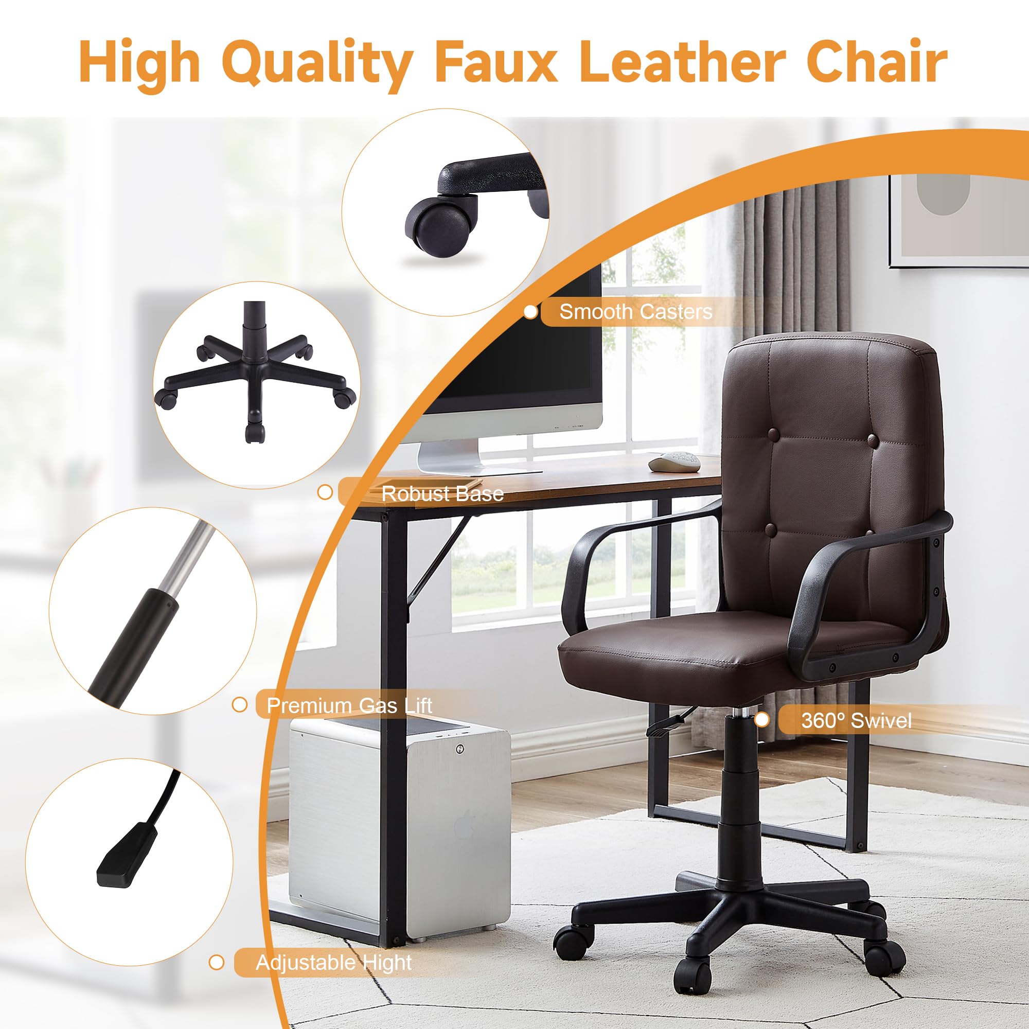 VECELO Home Office Desk Chair with Armrests,Mid Back Adjustable Height, 360-Degree Swivel, 330 Pound Capacity, Coffee, Set of 1