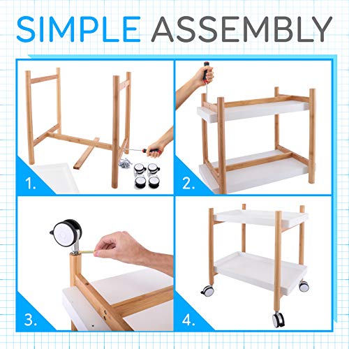 SereneLife Bar Carts for The Home, 2 Tier Bamboo Bar Cart with Wheels and Removable Trays for Serving Food, Wine, Coffee