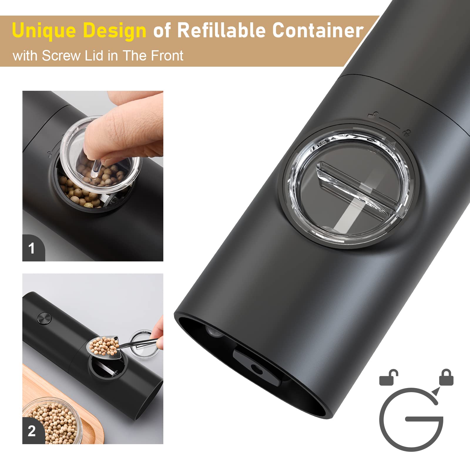 SVAVO Electric Pepper Grinder, Battery Operated Salt Grinder, Automatic Pepper Mill with LED Light, Adjustable Coarseness One-hand Control, Black Peppercorn Grinder Refillable, Battery Not Included