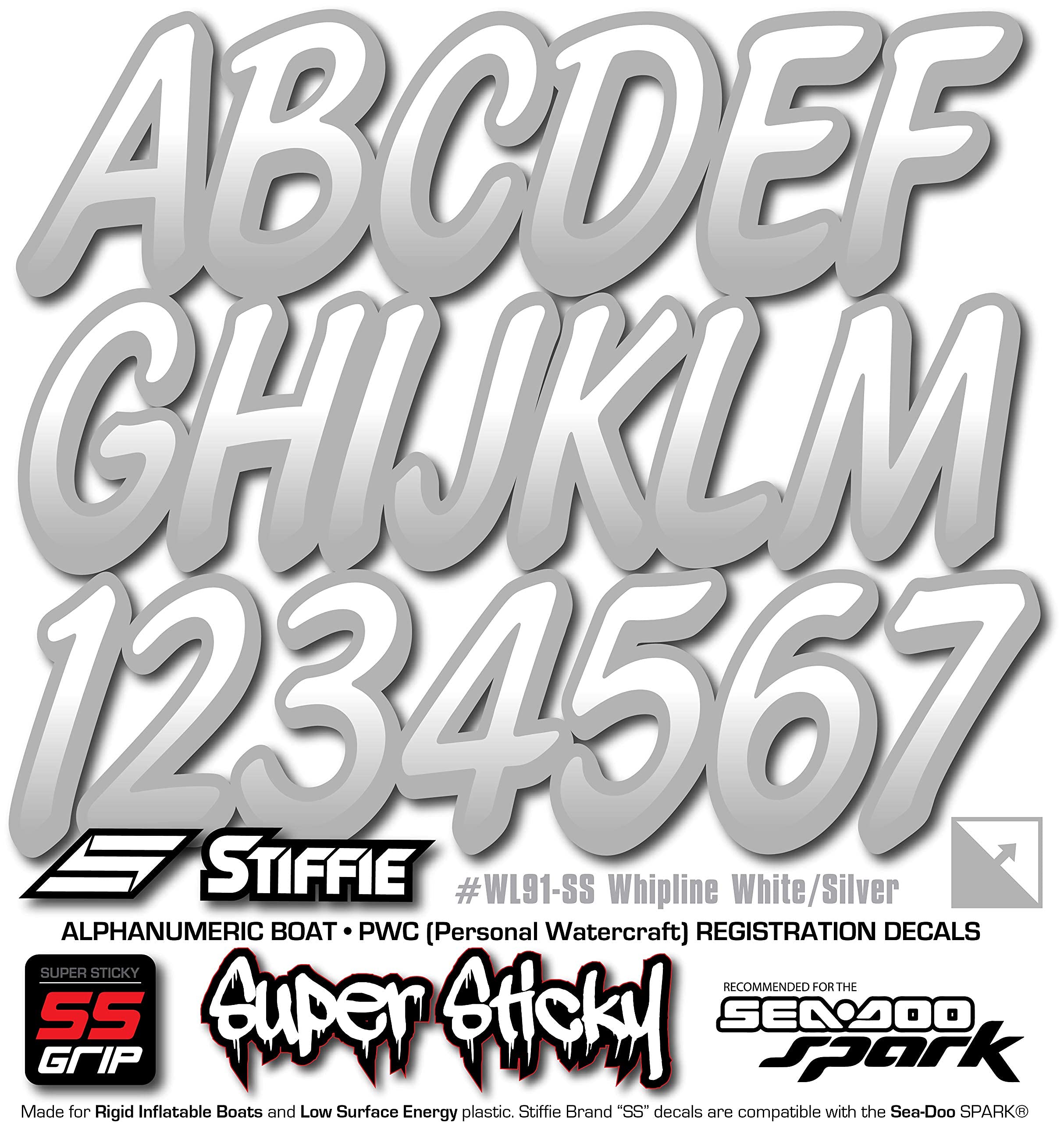 STIFFIE Whipline White/Silver SUPER STICKY 3" Alpha Numeric Registration Identification Numbers Stickers Decals for Sea-Doo SPARK, Inflatable Boats, RIBs, Hypalon/PVC, PWC and Boats.