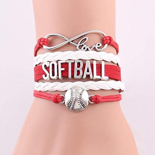Softball Charm Bracelet (Red/White) Bracelets, Adjustable Bracelet with Softball Charm. Braided Bracelets for Softball Players, Softball Team, and Coaches - by SPORTYBELLA