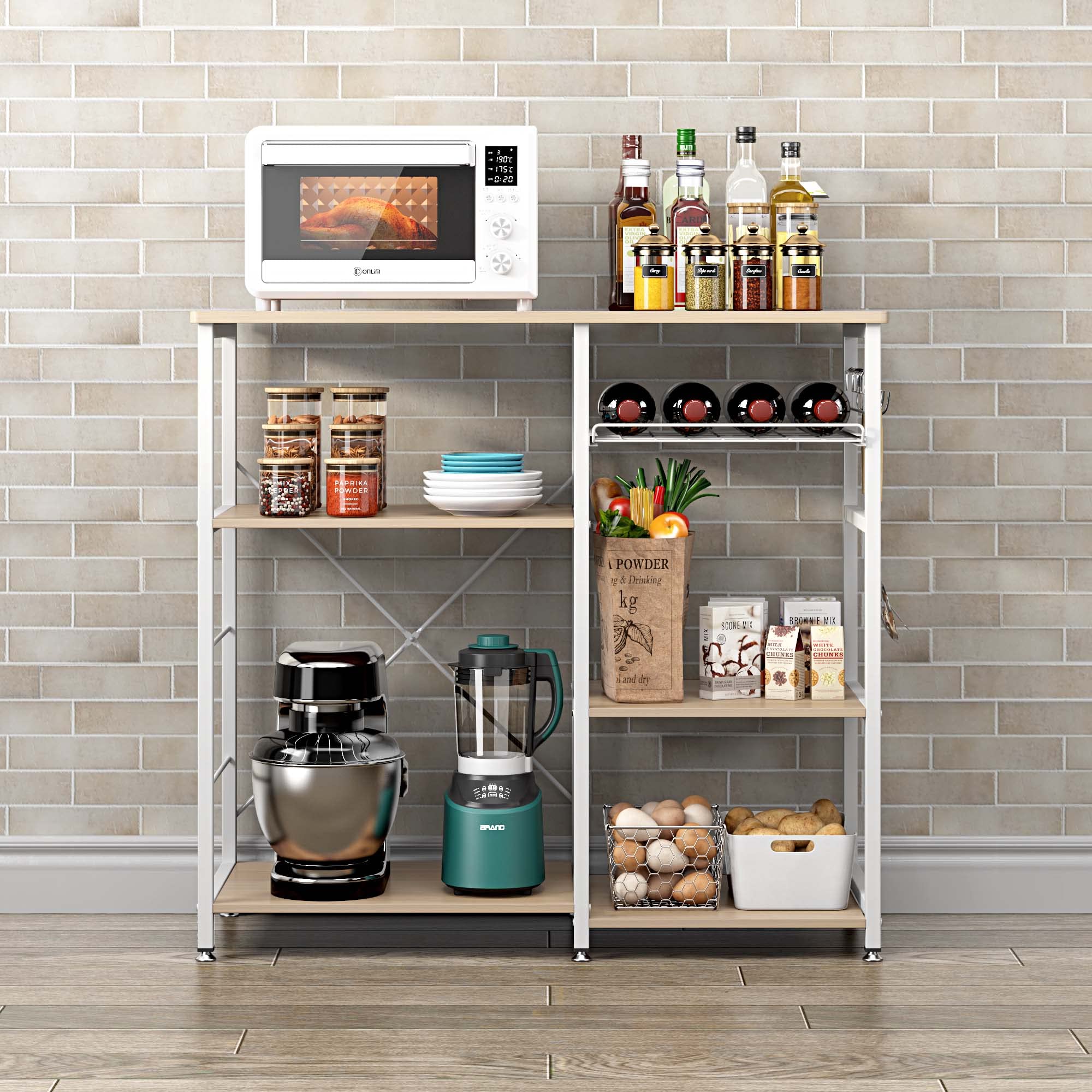 Wellynap Bakers Rack, 3-Tier Microwave Stand for Kitchens with Storage, Utility Storage Shelf with 5 Hooks and Basket for Spice Rack, White Oak