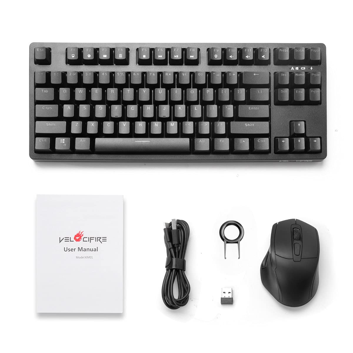 Wireless Keyboard and Mouse Combo, Velocifire KM01 87 Key Brown Switch Wireless Mechanical Keyboard with Ice Blue Backlit, Long Lasting Large Capacity Rechargeable Battery Small Keyboard