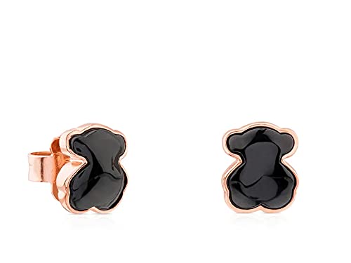 TOUS Rose Vermeil Silver Earrings for Women with Onyx & Bear Motif, Size: 0.7 cm. Motif Collection
