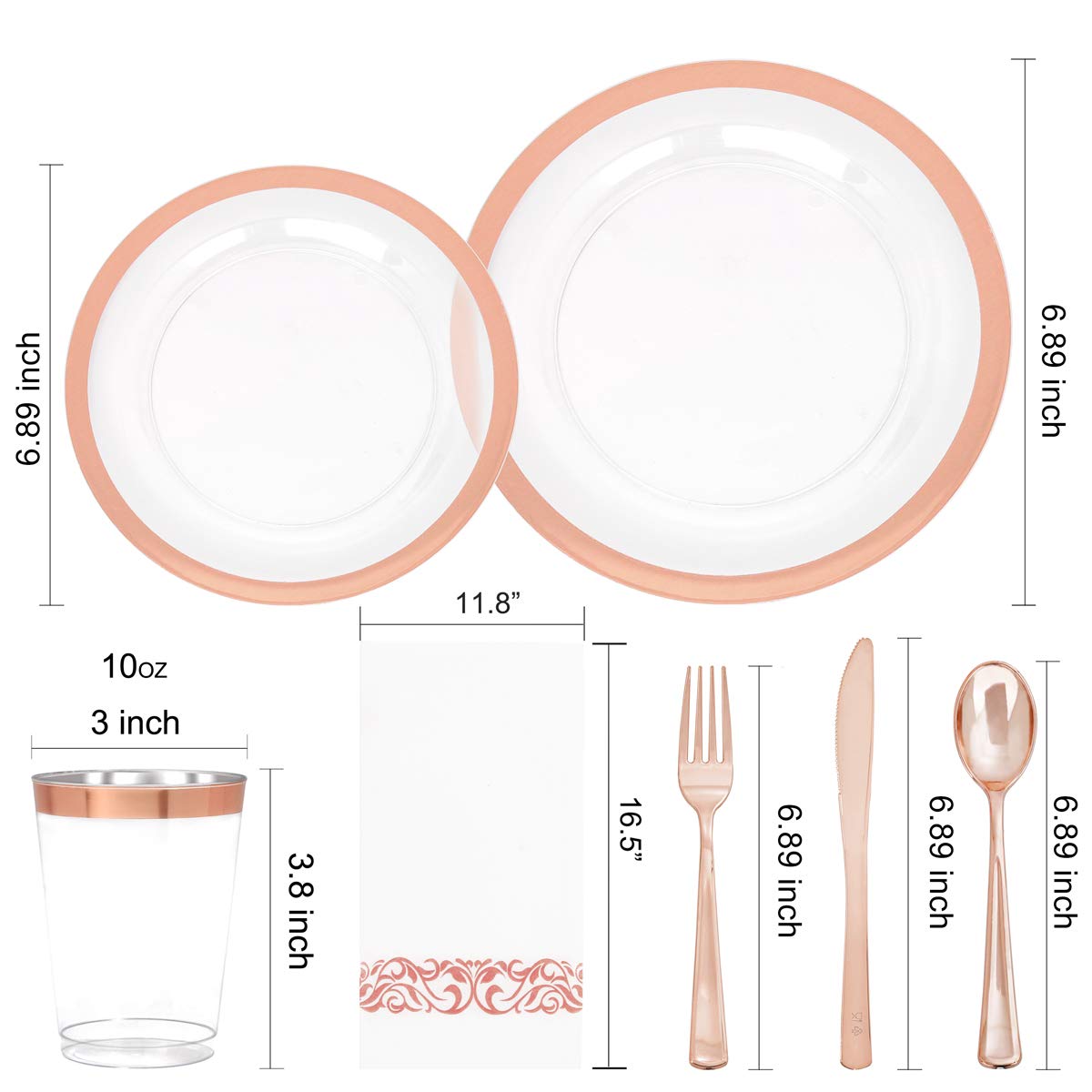 YOUBET 175Pieces Clear Plastic Plates with Rose Gold Rim&Rose Gold Plastic Silverware include 25Dinner Plates,25Salad Plates,25Forks, 25Knives,25Spoons, 25Cups,25Napkins