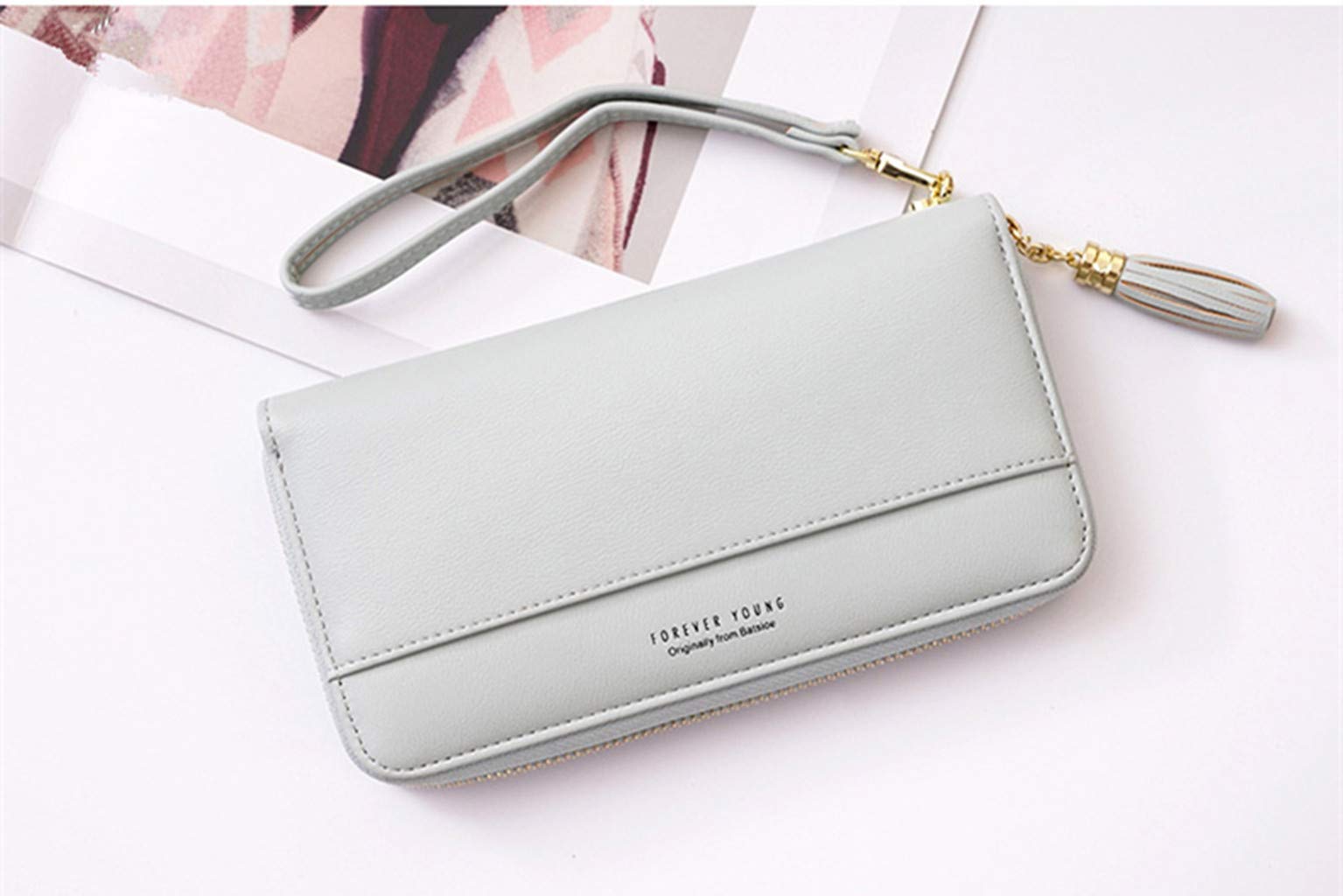 Women's Wallets Tassel zipper Bifold Ladies Cluth Wristlet Wrist Strap Large Capacity Hand-held Long Purse (Green)