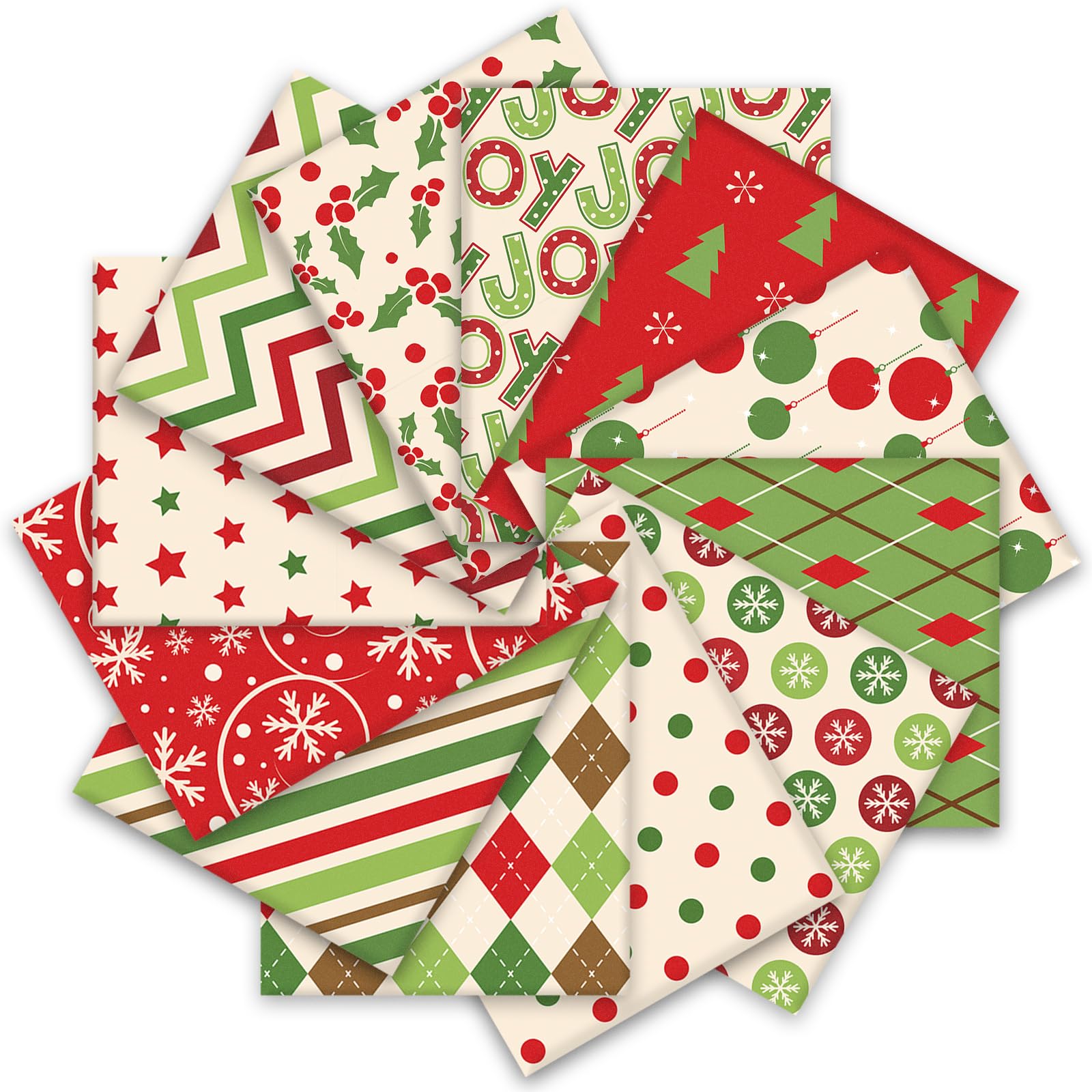 Whaline 12Pcs Christmas Cotton Fabric Bundles Xmas Tree Snowflake Dot Stripe Printed Fat Quarters Holiday Sewing Fabrics for DIY Handmade Crafting, 18 x 22 Inch