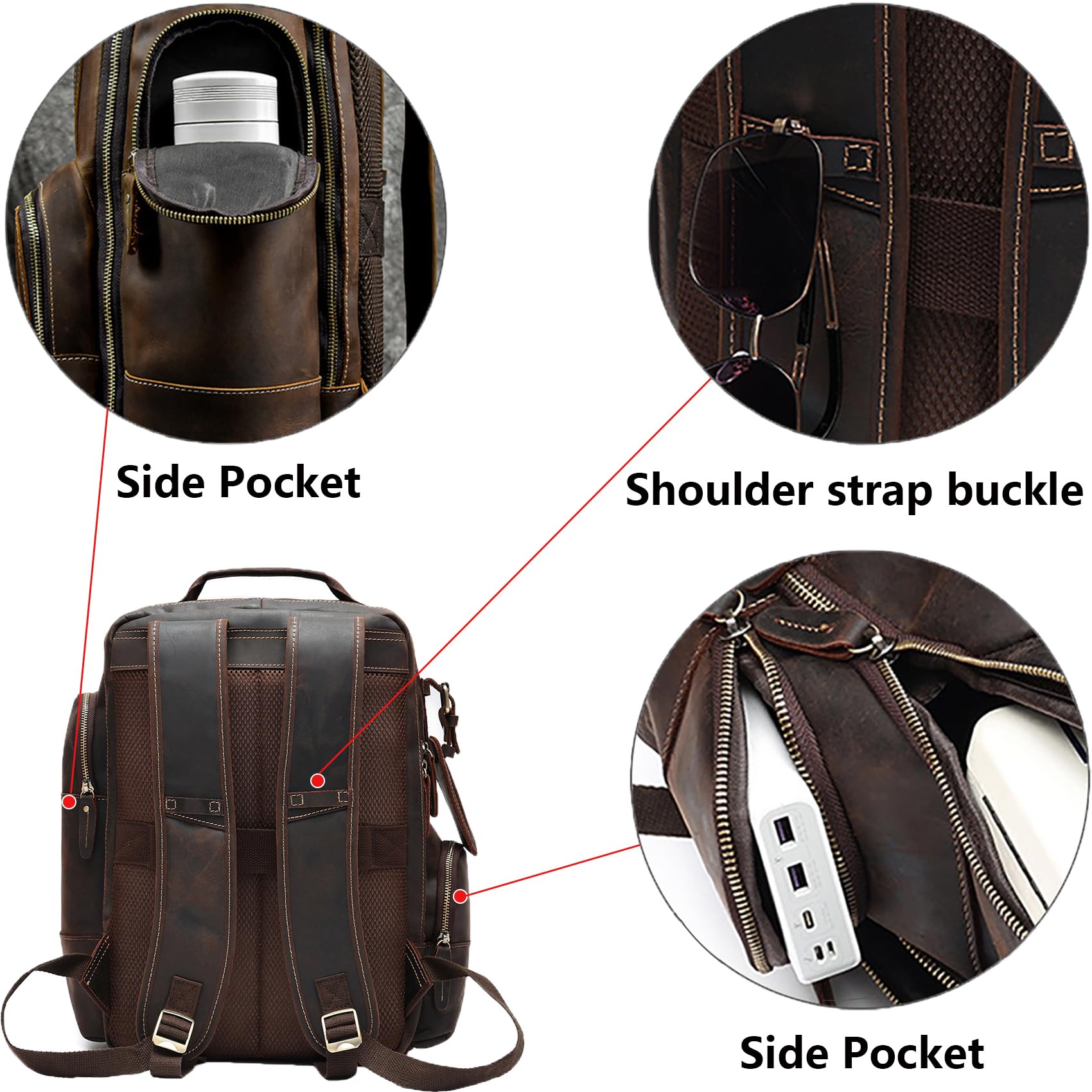 Tenvery Leather Backpack For Men Full Grain Leather Rucksack 15.74" Large Capacity Laptop Business Office Work Bag Travel Camping Bag