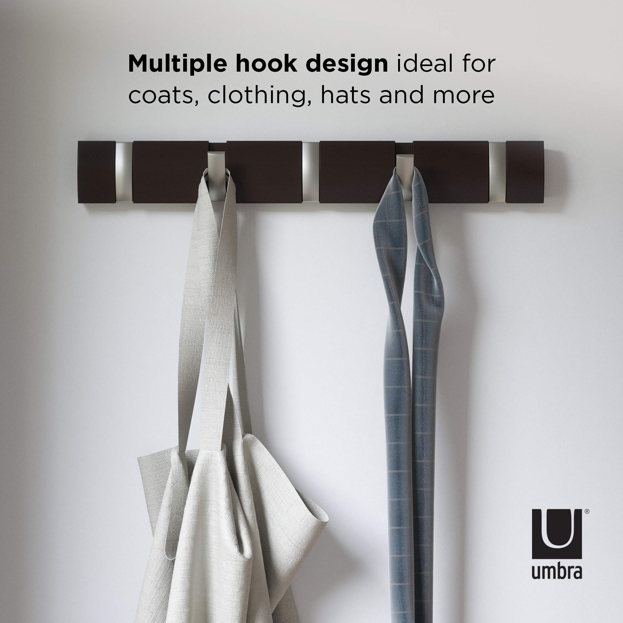 Umbra Flip Wall-Mounted Coat Rack Rail Hook for Hats, Jackets, Bags and More β Modern, Space-Saving Storage Organizer for Entryway, Mudroom, Closet, Bathroom, Bedroom, Kids Room, or Nursery, 5 Hooks, Espresso/Nickel
