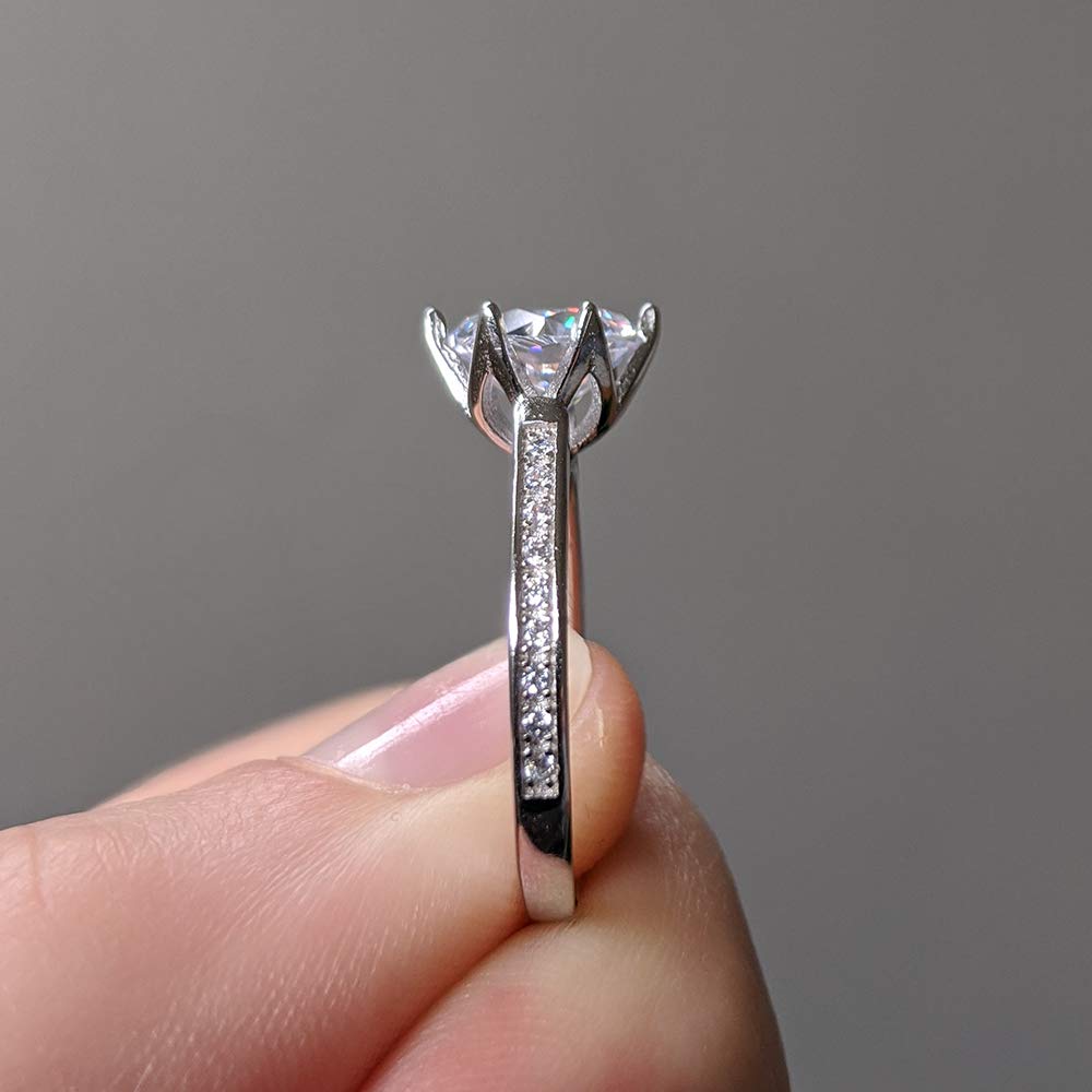 TwoBirch 18k White Gold Plated Sterling Silver Round Tulip Setting Cubic Zirconia Engagement Ring with Accent Side Stones (Size 8)