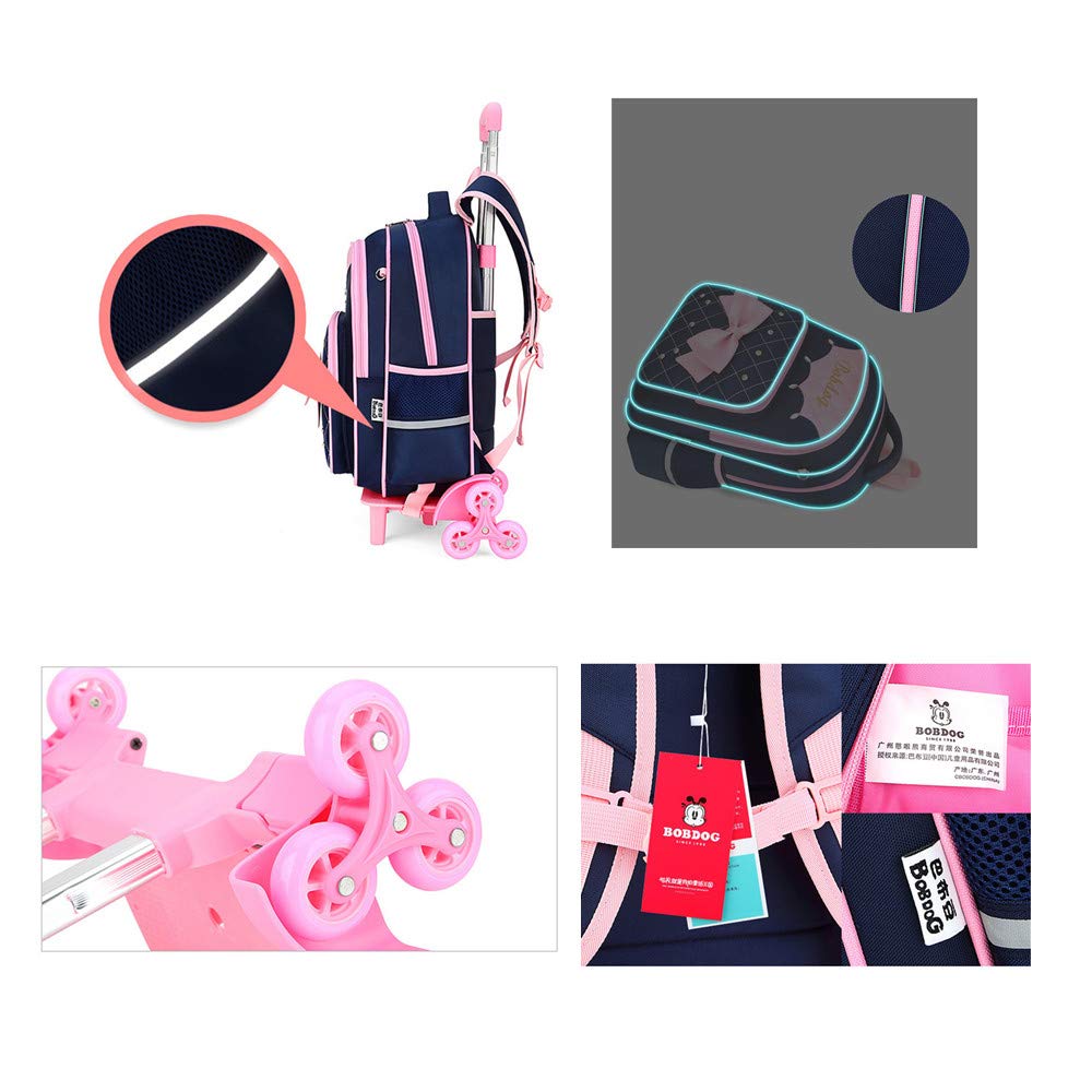 VIDOSCLA Cute Print Bowknot Trolley Backpack Elementary Middle School Rolling Bag Wheeled BookBag for Kids Girls