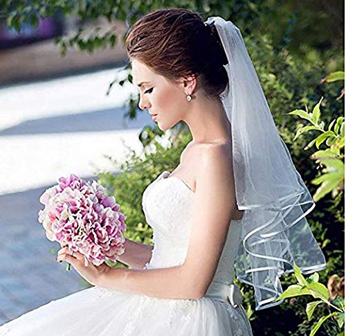 White Wedding Veil,2 Tier Ribbon Edge Center Cascade Bridal Veil with Comb for Bachelorette Party