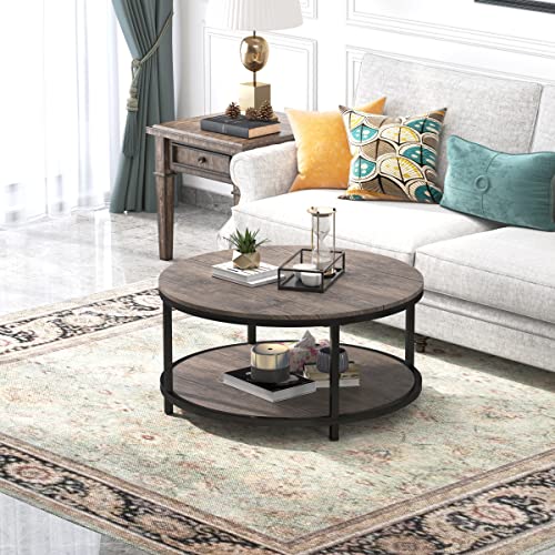WiberWi Round Coffee Table 35.8" Rustic Vintage Industrial Design Furniture Sturdy Metal Frame Legs Sofa Table Cocktail Table with Storage Open Shelf for Living Room, Easy Assembly, Gray Brown1