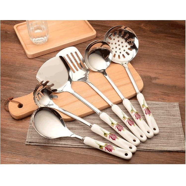 SLEEVY Ceramic Handles Cooking Tool Set Stainless Steel Kitchen Utensils Set Of Cookers Shovels Spoons (Color : Black, Size : 7 pieces)