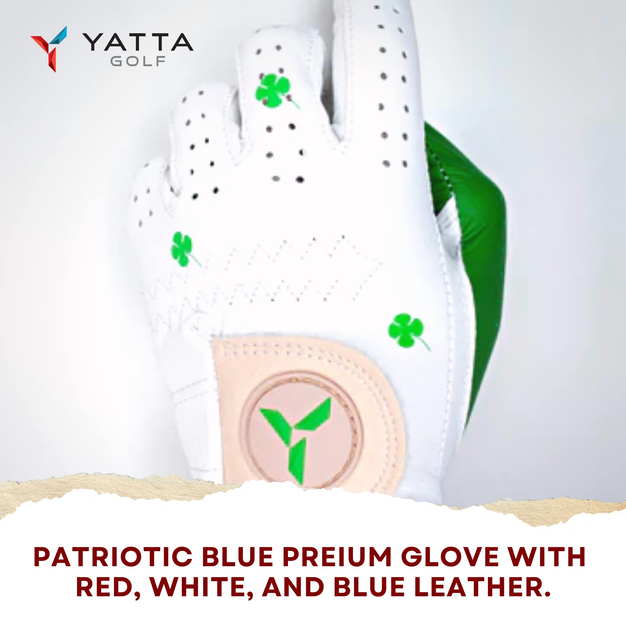 YATTA GOLF Men's Premium Left Hand Golf Glove – Comfortable, Durable, Precisely Cut, & True-to-Form Fit Cabretta Leather Golfing Glove – Lucky Green Glove with Clover-Leaf Pattern (Medium)