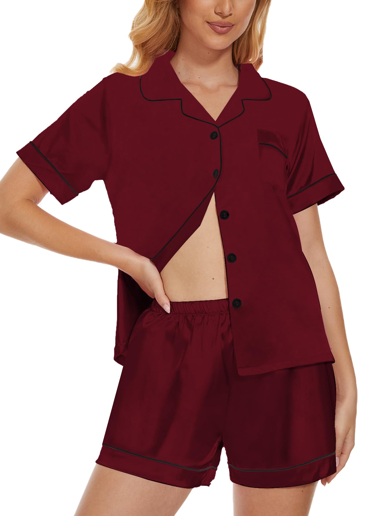 VENTELAN Women's Pajama Set Plus Size Super-Soft Short & Long Sleeve Top With Pants Two-piece Pjs Set,M Pink