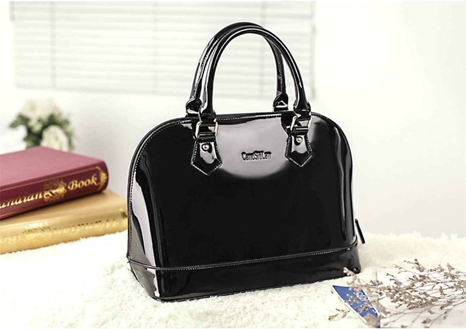 Womens Patent Leather Zip-Around Classic Dome Satchel Top-Handle Handbags Purses Shell Bag Black